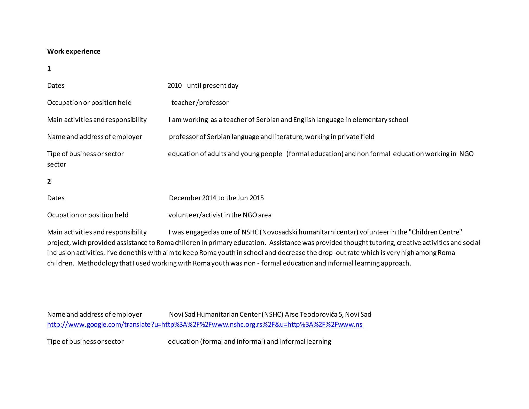 Curriculum vitae Vesna english | DOCX