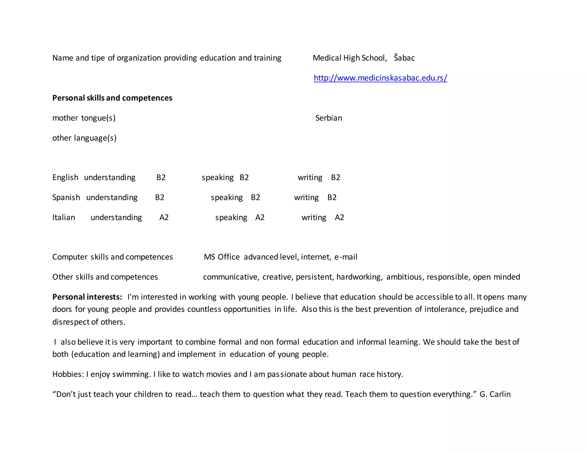Curriculum vitae Vesna english | DOCX