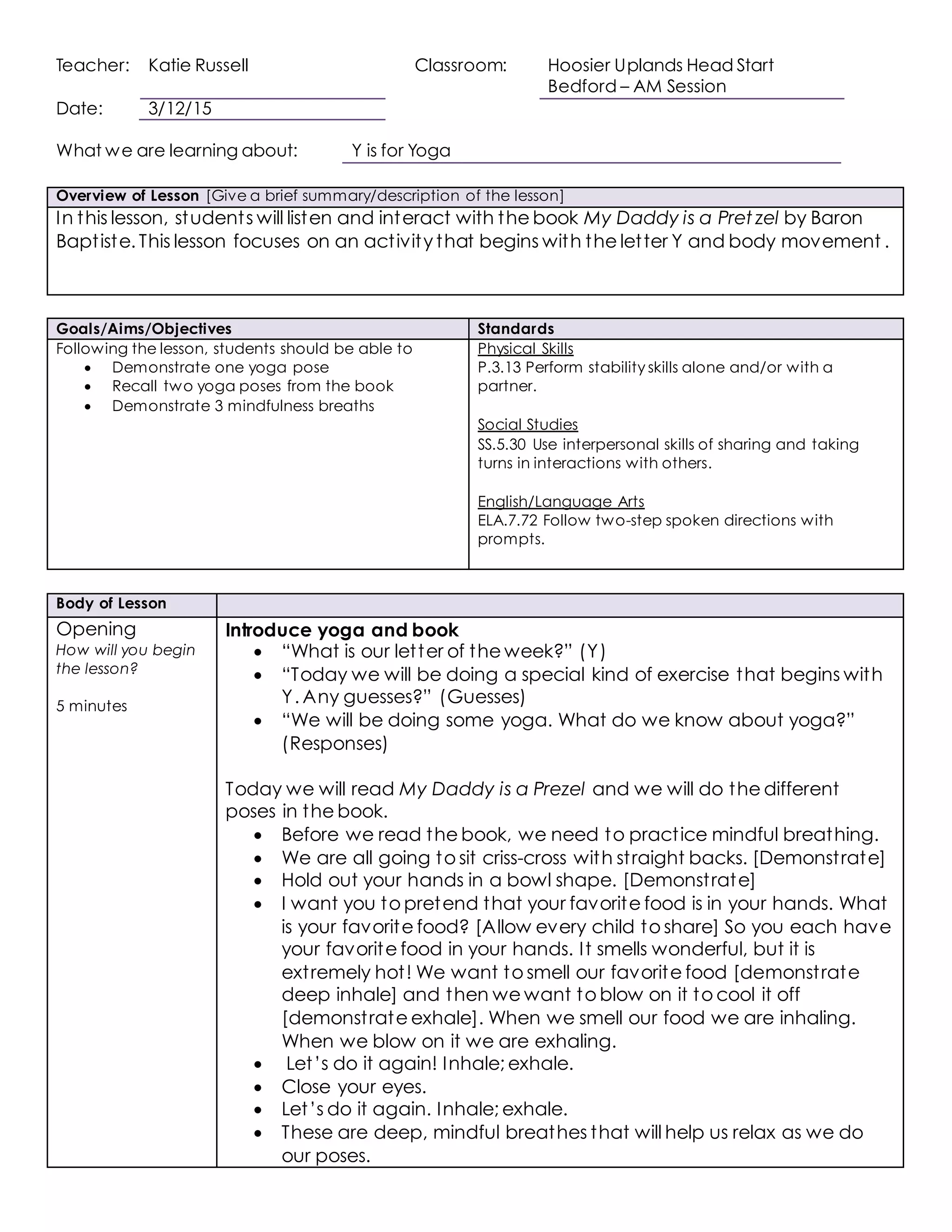 Y is for Yoga Final | DOCX | Educational Assessment | Education