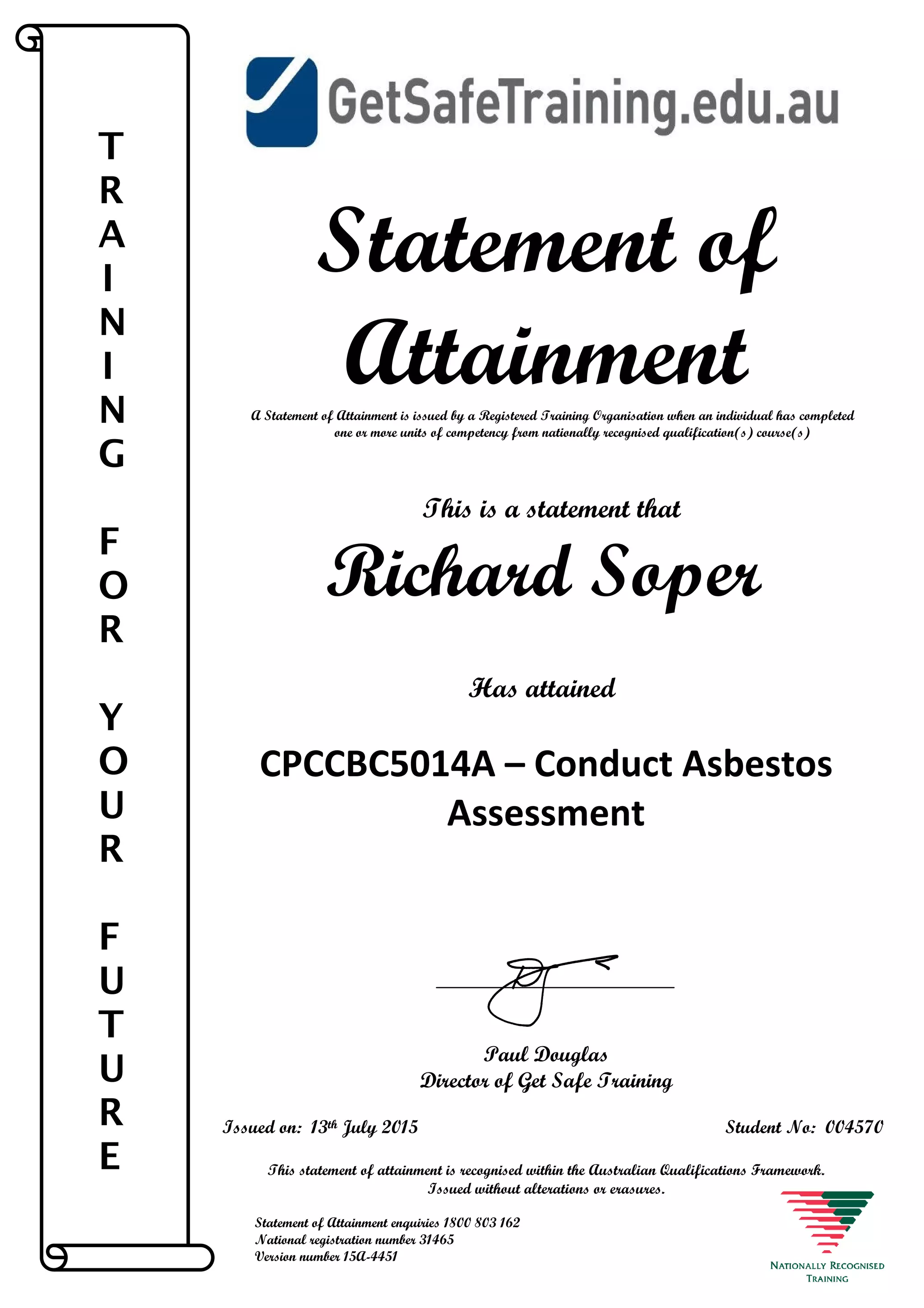 SOA Richard Soper CPCCBC5014A Conduct Asbestos Assessment | PDF