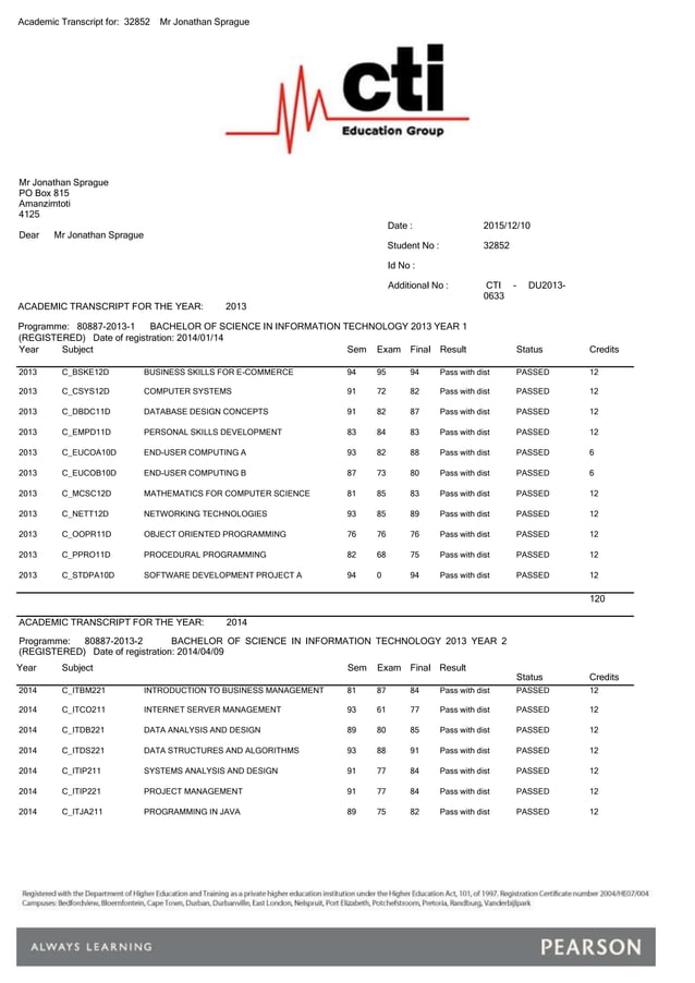 Jonathan Sprague Academic Transcript | PDF