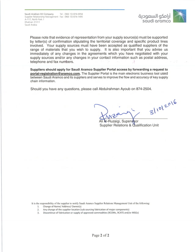 ARAMCO APPROVAL LETTER | PDF