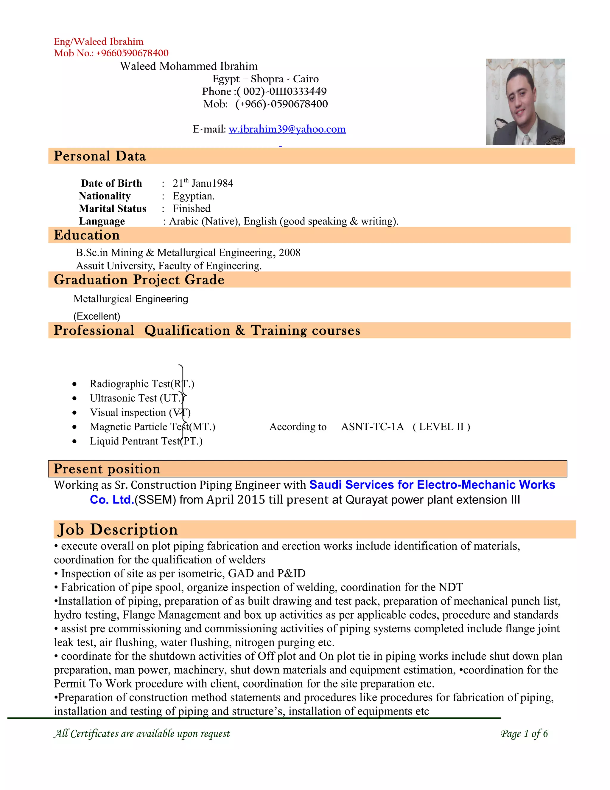 En-Waleed Ibrahim Sr. Construction Piping Engineer cv | DOC