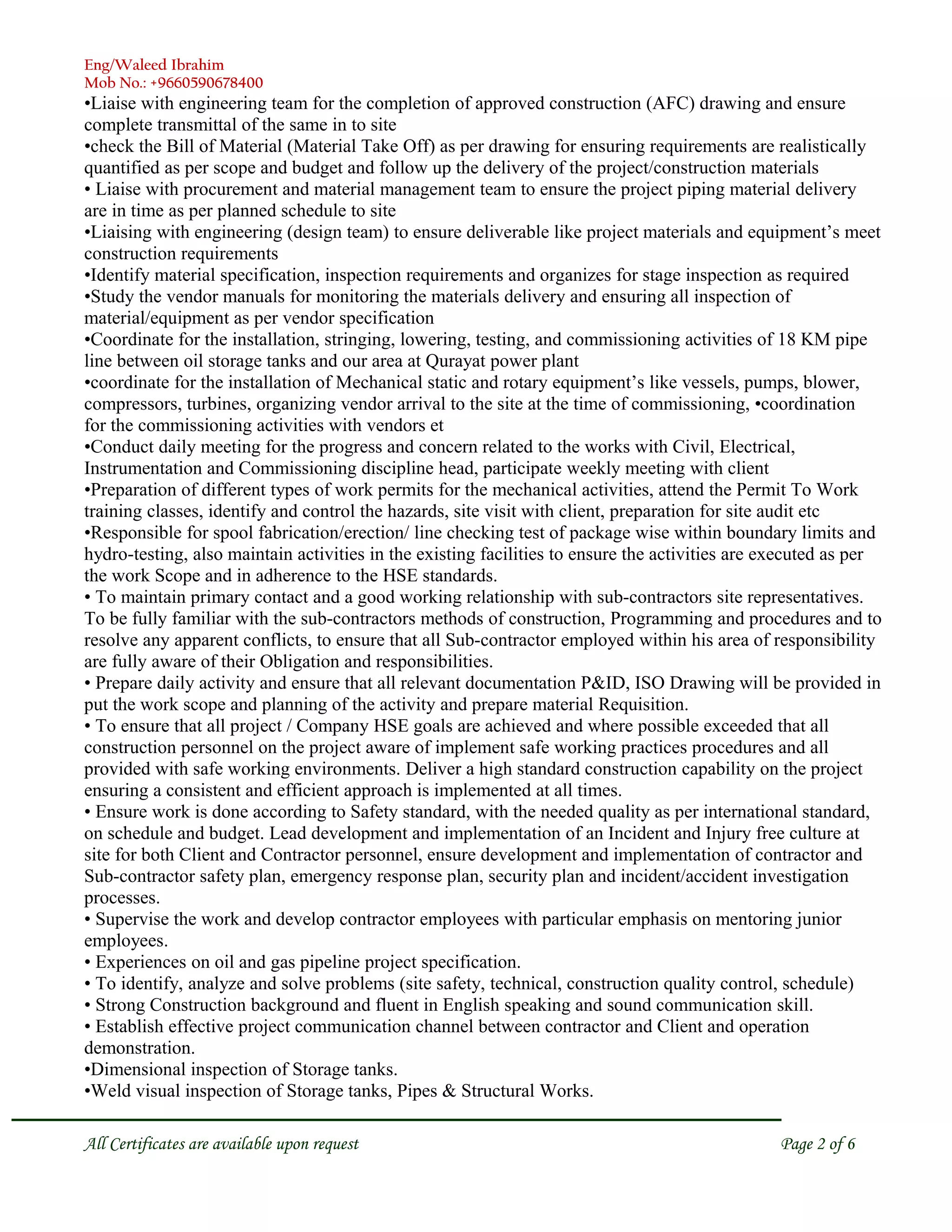 En-Waleed Ibrahim Sr. Construction Piping Engineer cv | DOC