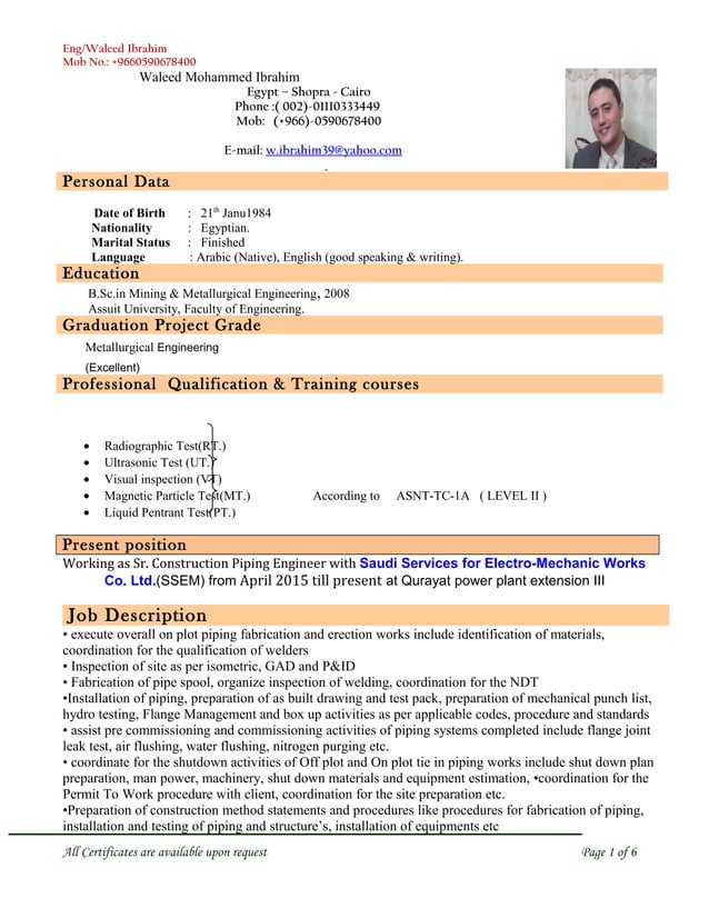 En-Waleed Ibrahim Sr. Construction Piping Engineer cv | DOC | Civil ...