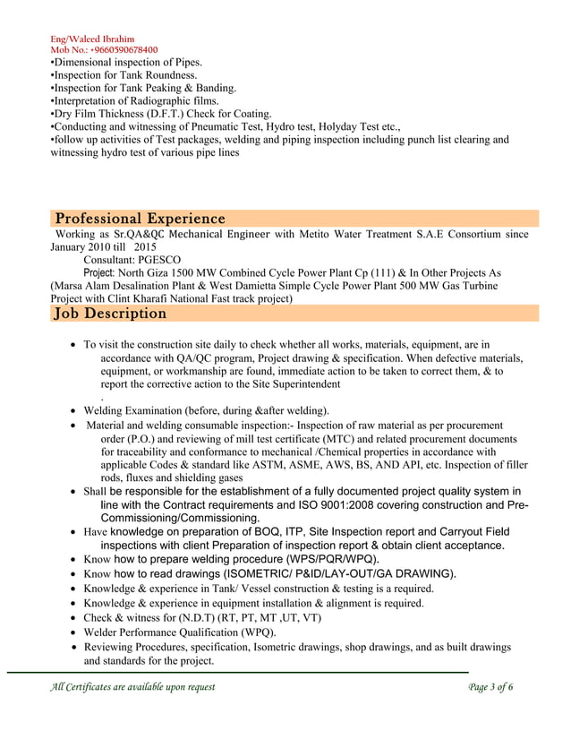 En-Waleed Ibrahim Sr. Construction Piping Engineer cv | DOC | Civil ...