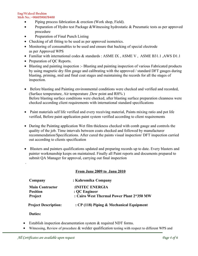 En-Waleed Ibrahim Sr. Construction Piping Engineer cv | DOC | Civil ...