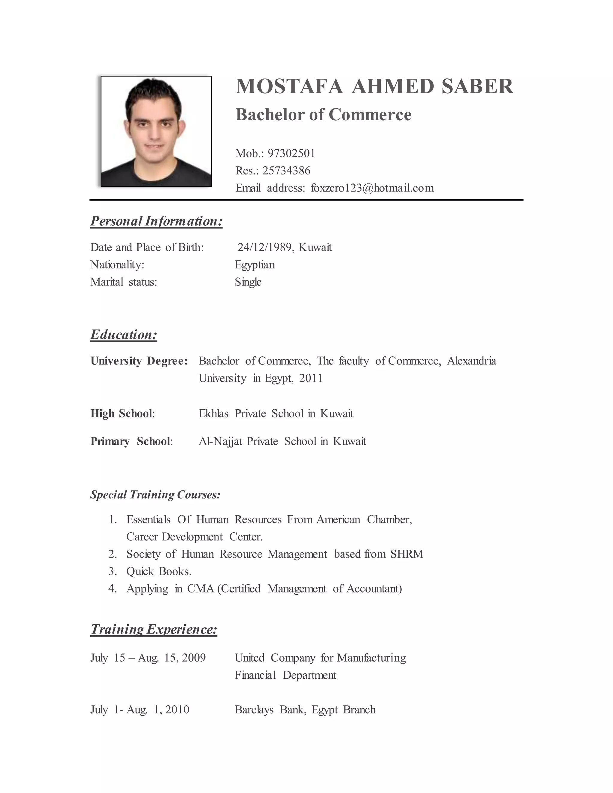 MOSTAFA SABER CV | DOCX | Business Accounting & Finance | Business