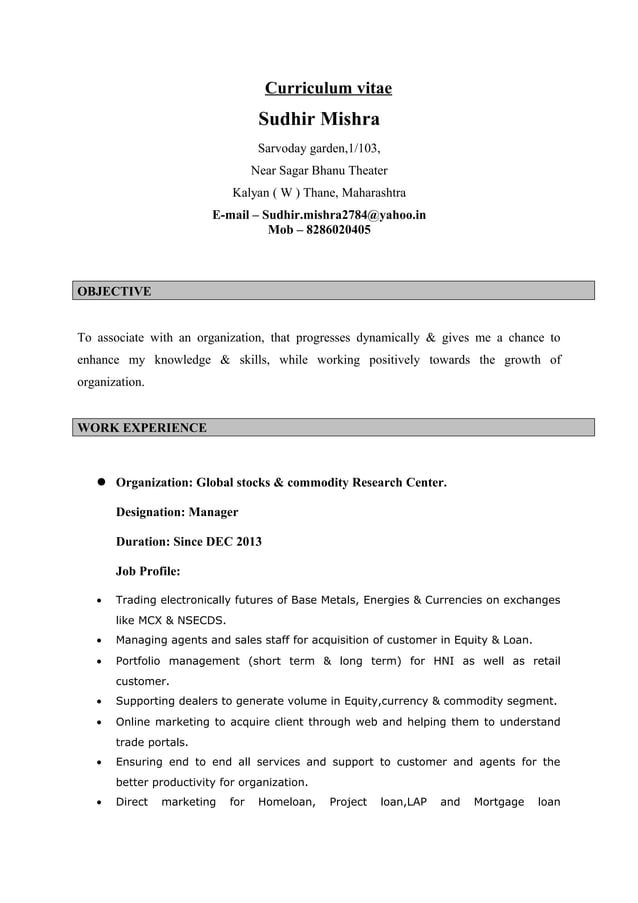 CV - Sudhir Mishra | DOC | Commodities | Economy