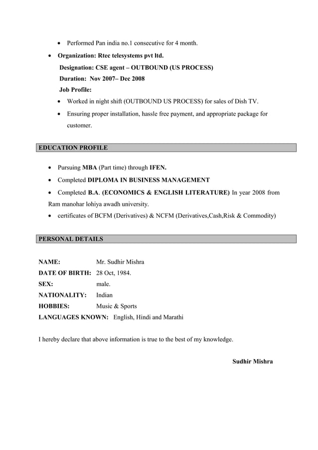 CV - Sudhir Mishra | DOC | Commodities | Economy