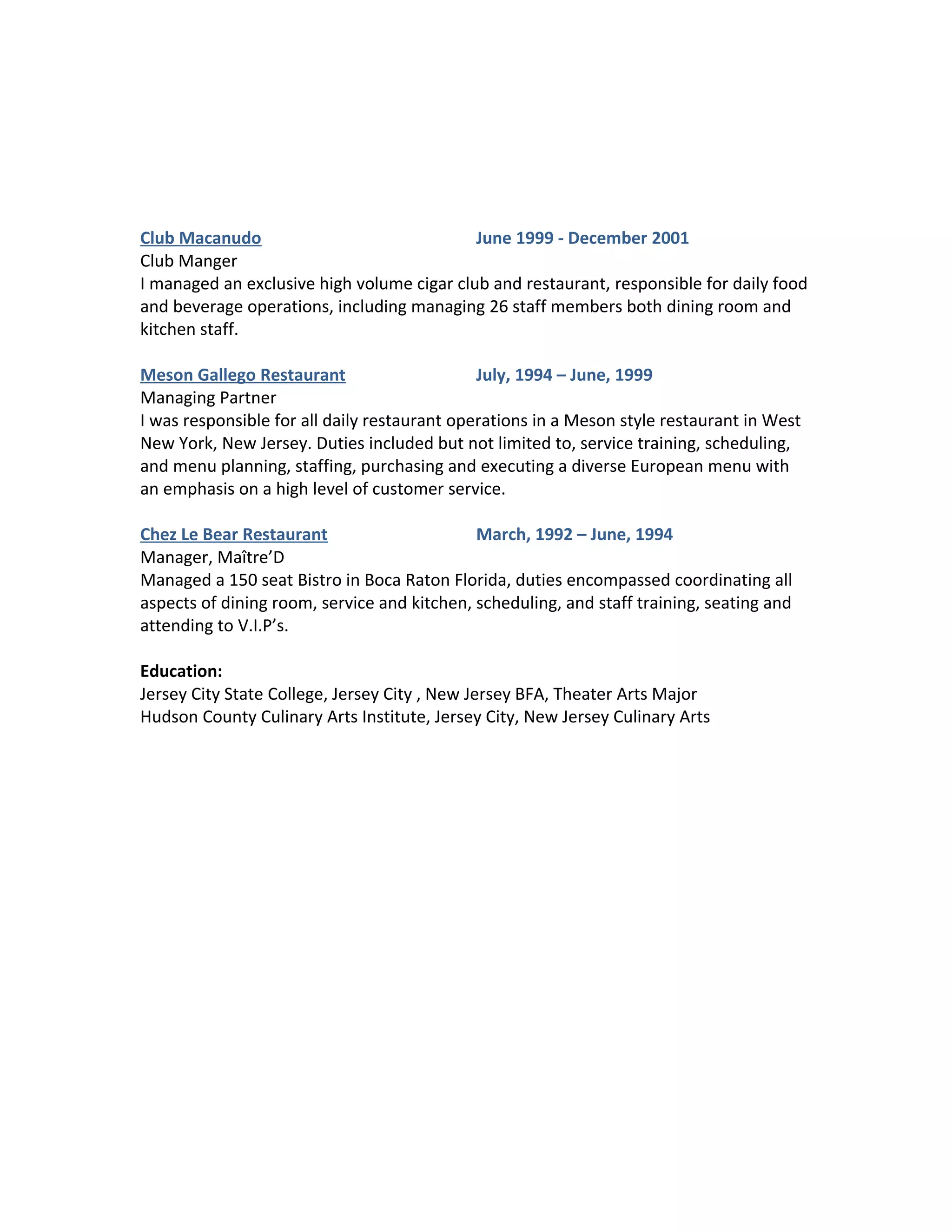 MP RESUME | DOC | Bars & Restaurants | Attractions