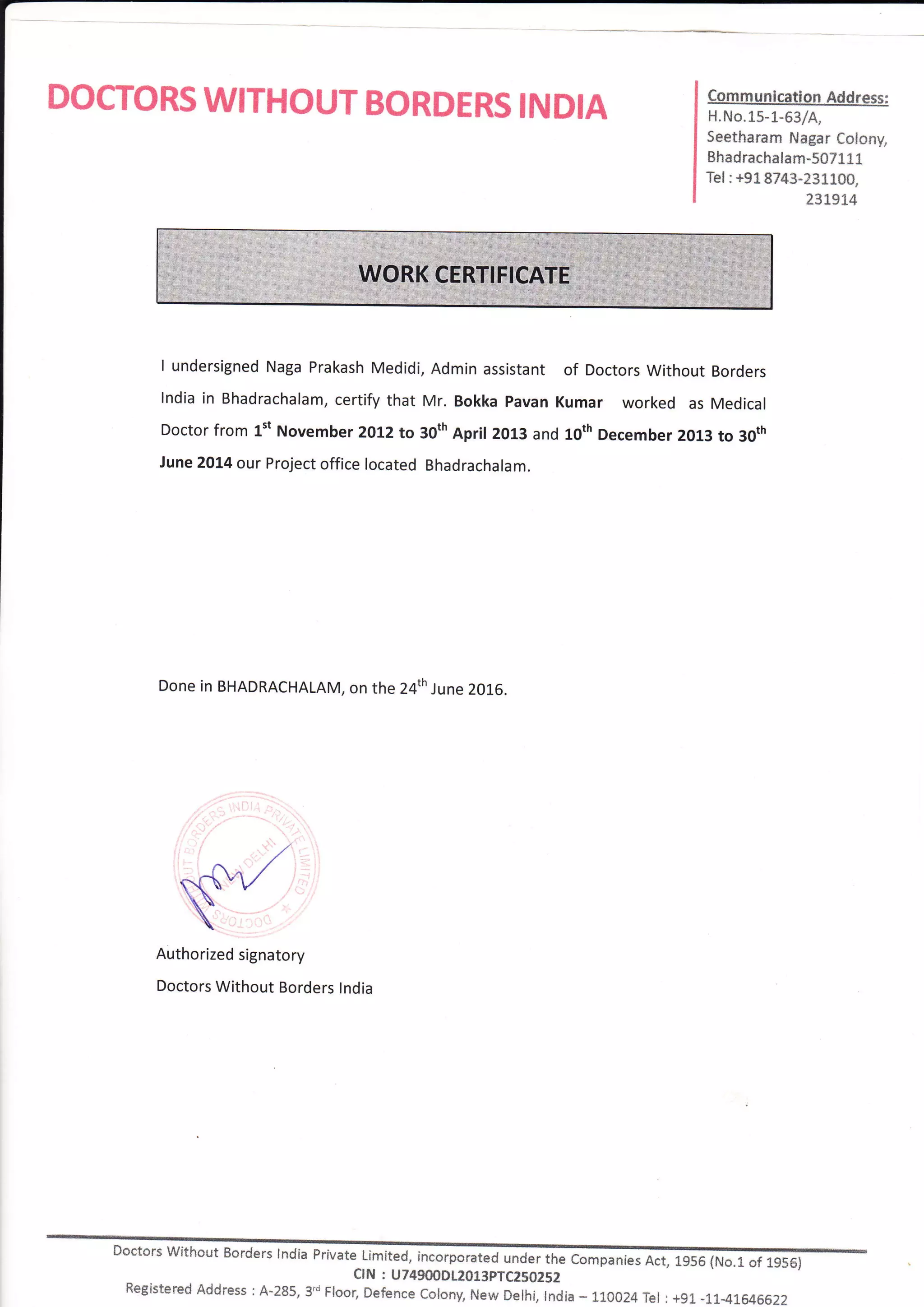 B. Pavan Kumar Work Certificate | PDF