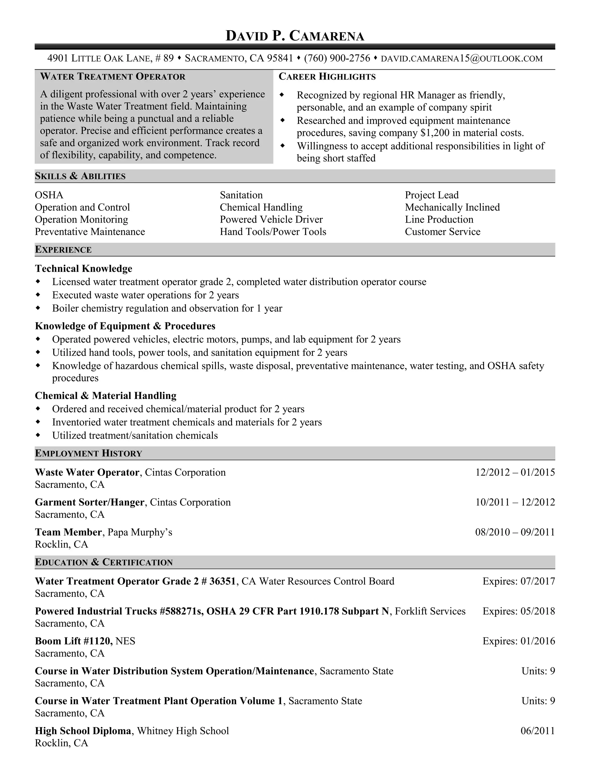 Water Treatment Resume | DOC