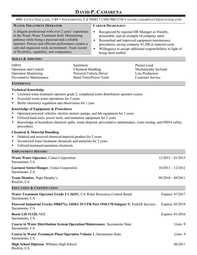 Water Treatment Resume | DOC