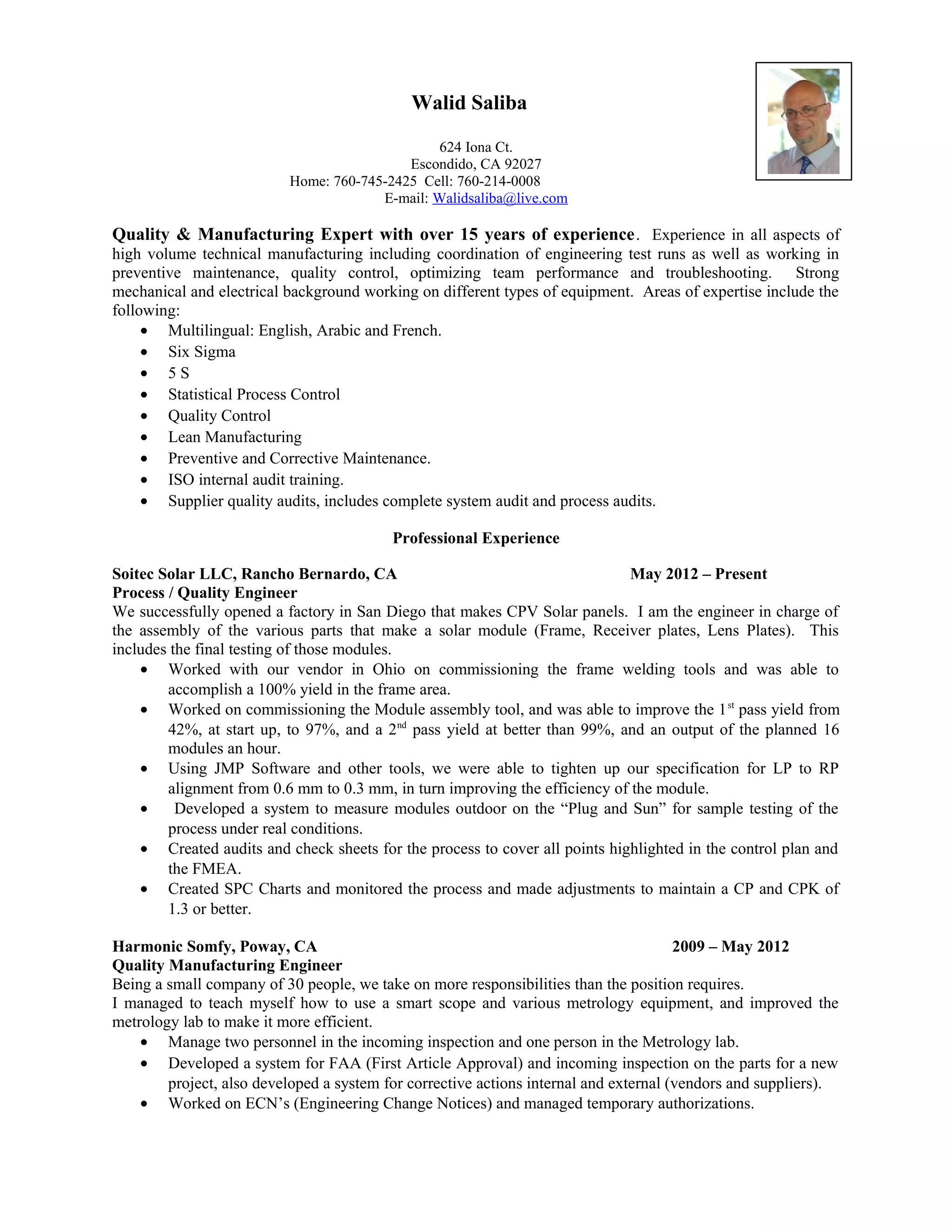 Walid Saliba resume 2015 | DOC | Manufacturing Industry | Industries