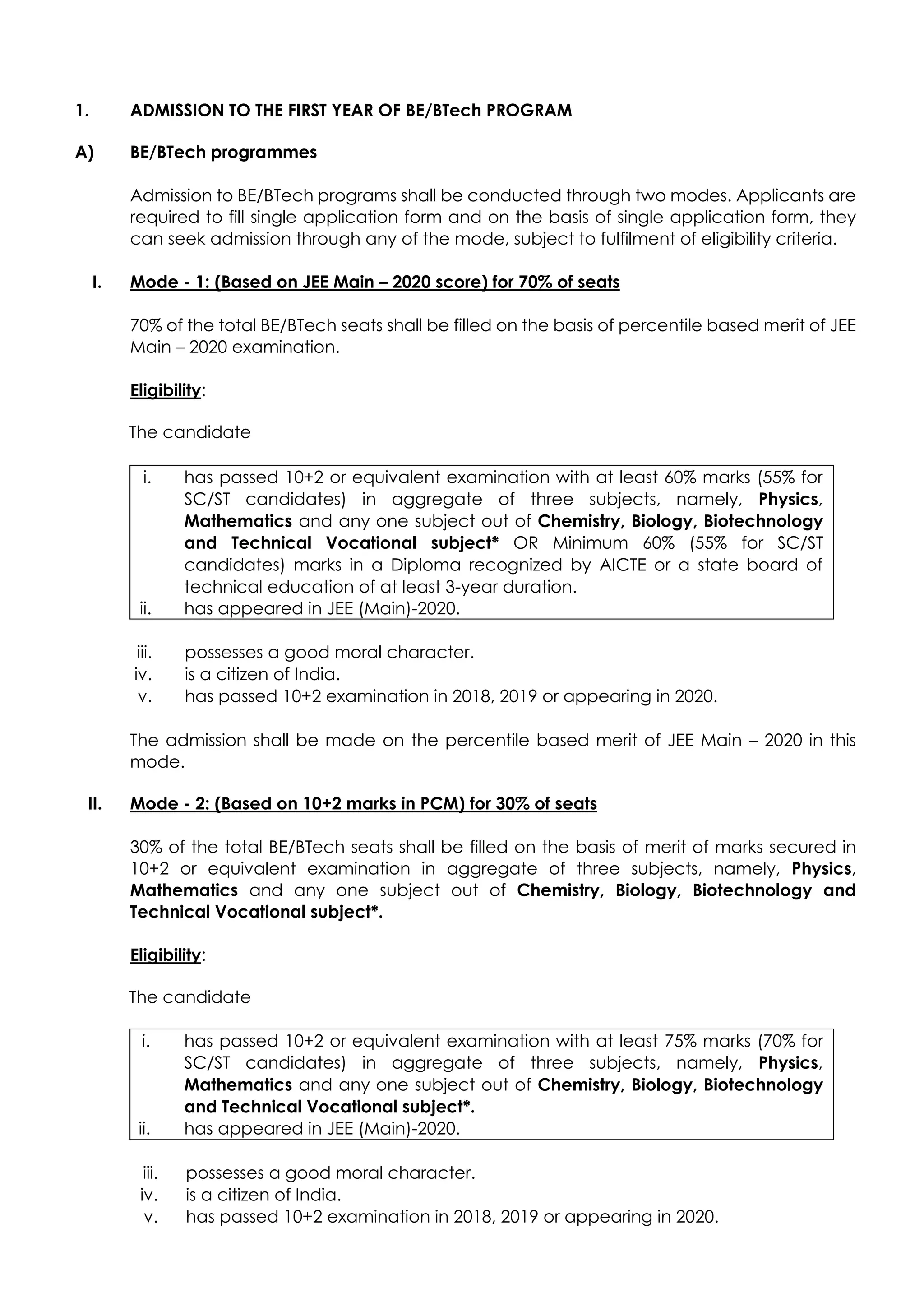 ADMISSION TO THE FIRST YEAR OF BE/BTech PROGRAM | PDF