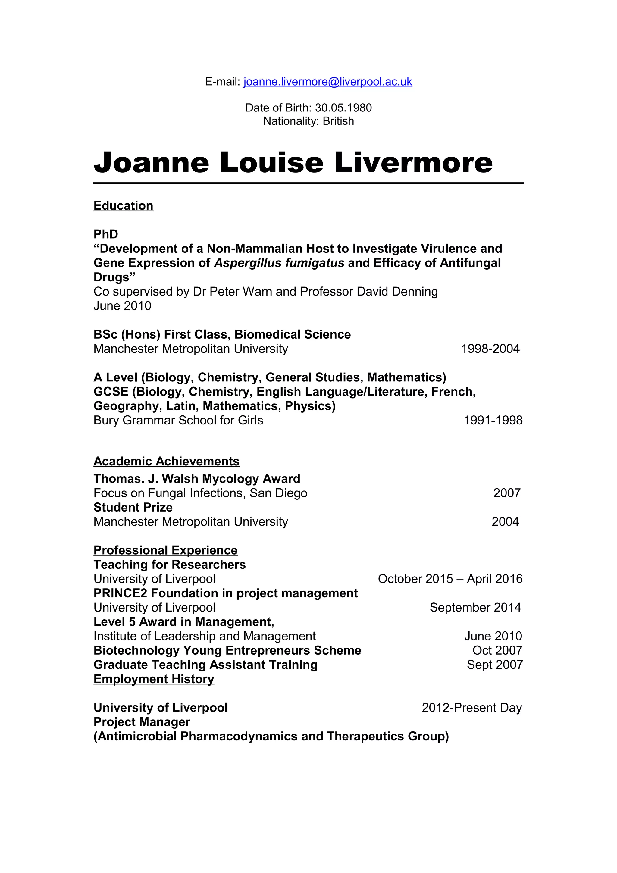 CV J.L. Livermore_Linked In | DOC | Postgraduate Education | College Education