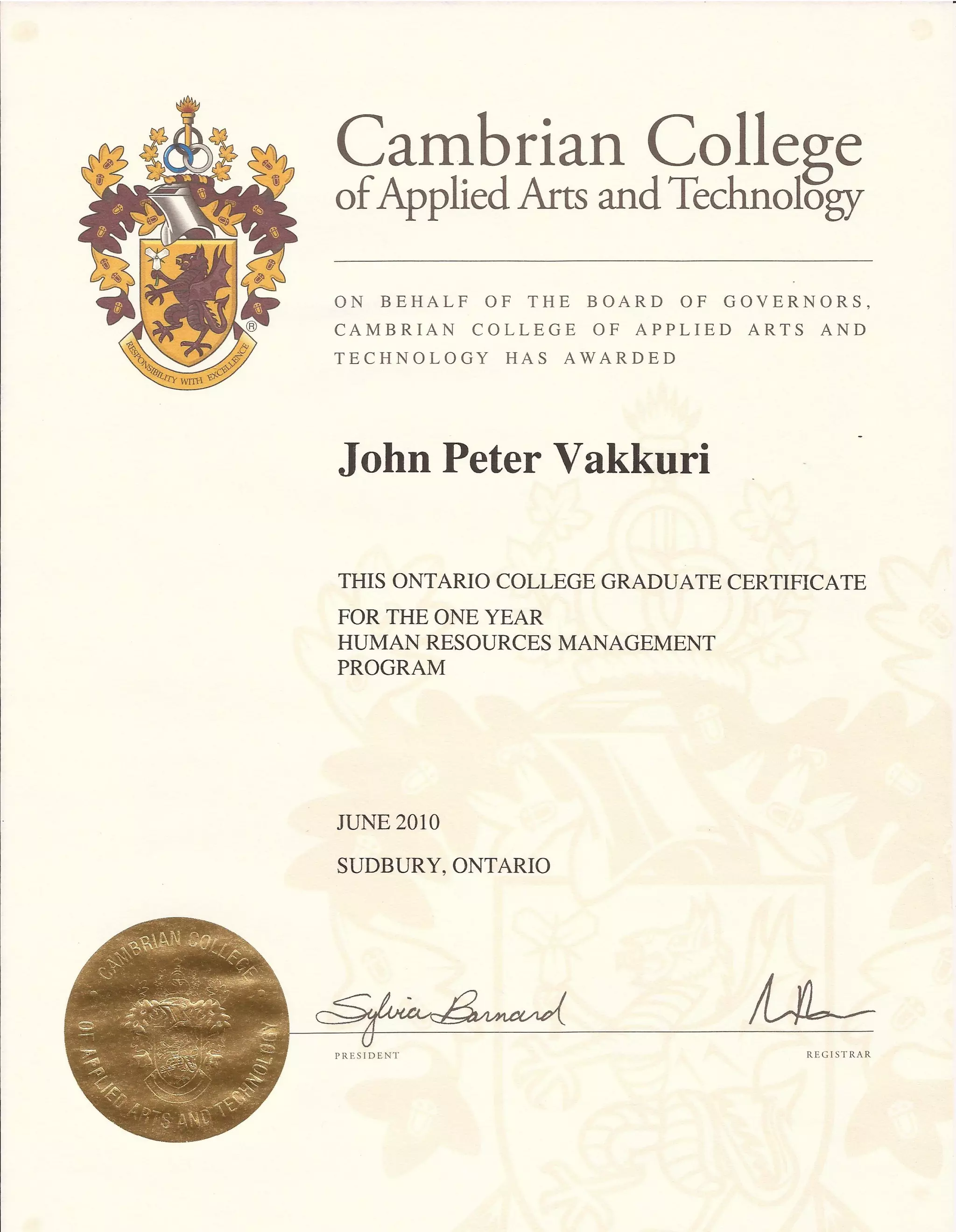 Cambrian College - Human Resources Management Honours Certificate | PDF