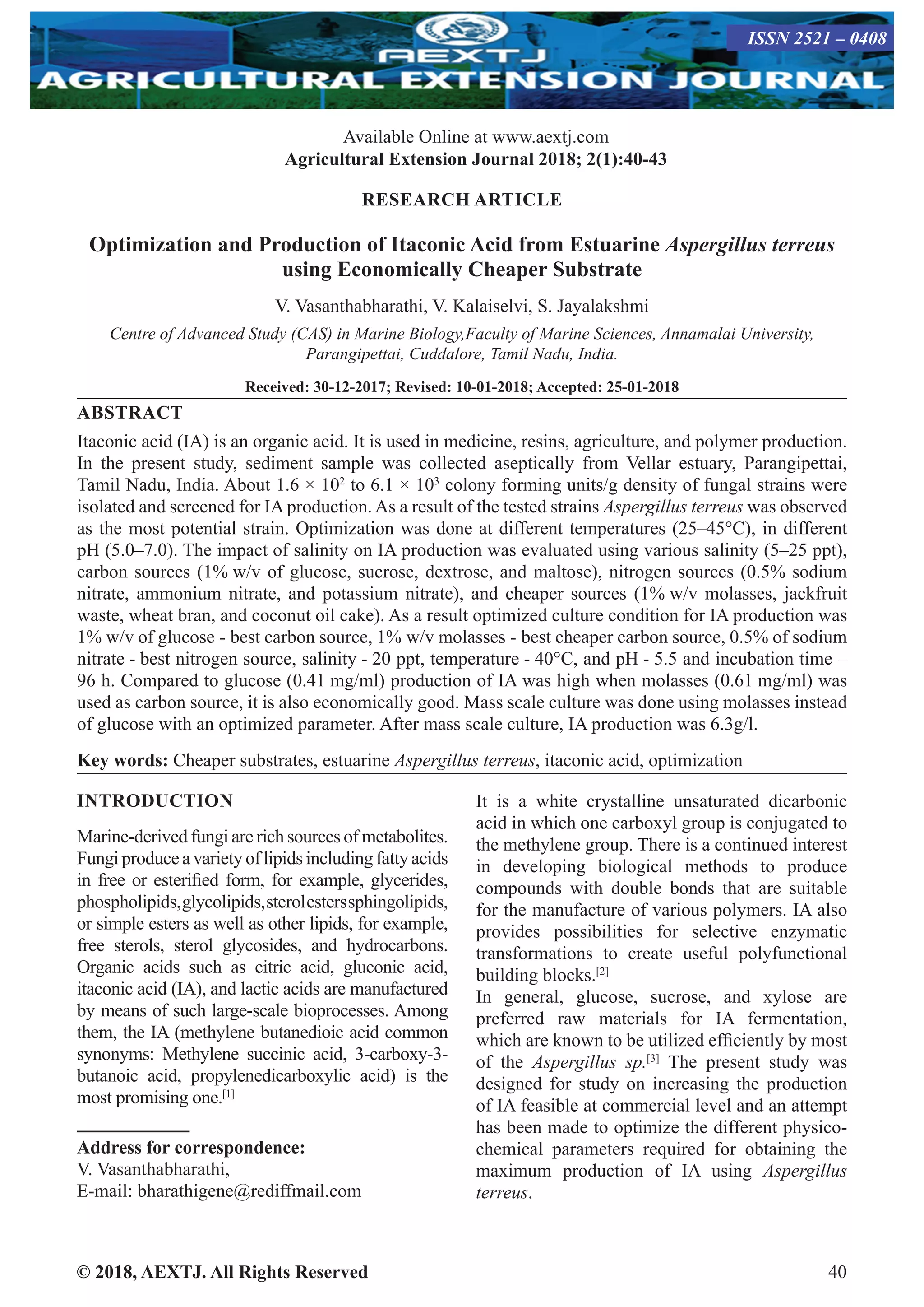 Optimization and Production of Itaconic Acid from Estuarine Aspergillus terreus using ...