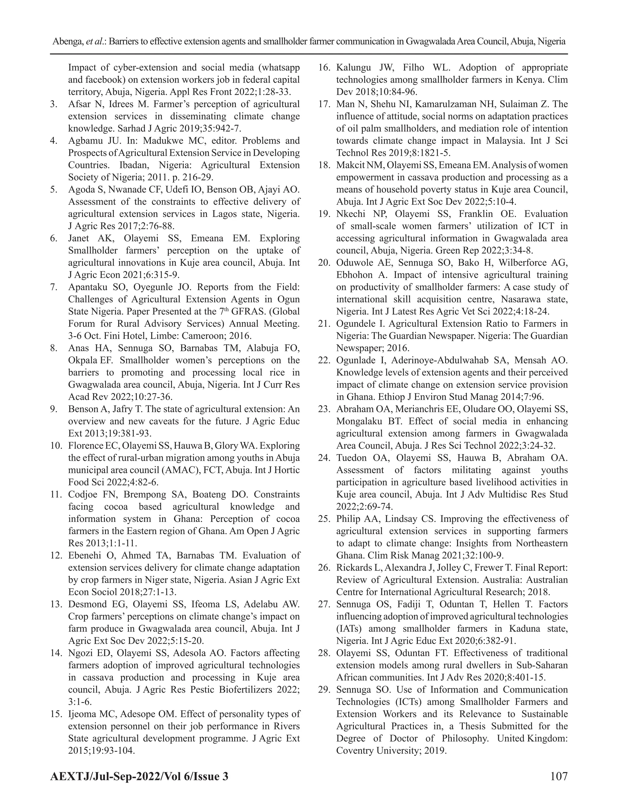 Barriers to Effective Extension Agents and Smallholder Farmer Communication in Gwagwalada Area ...