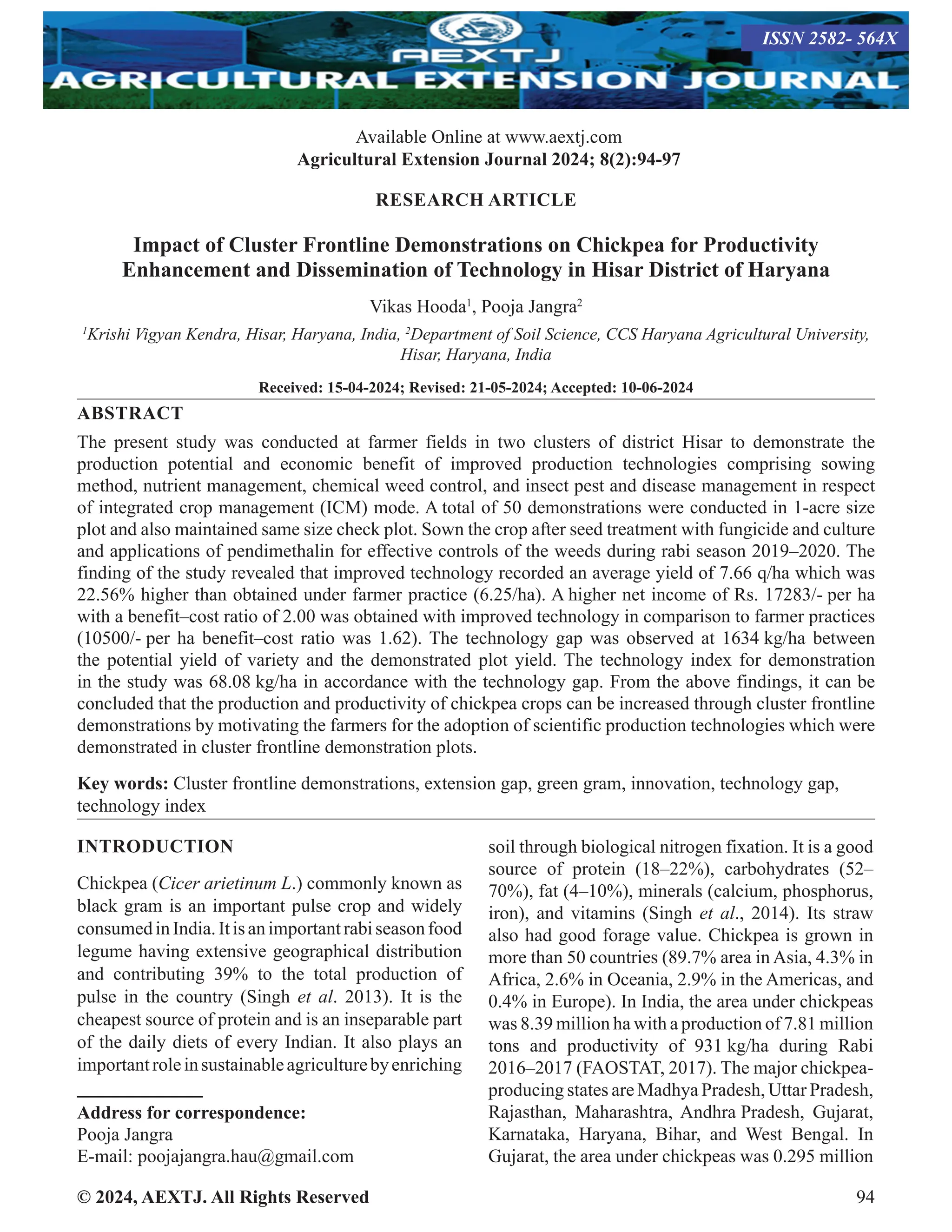 Impact of Cluster Frontline Demonstrations on Chickpea for Productivity ...