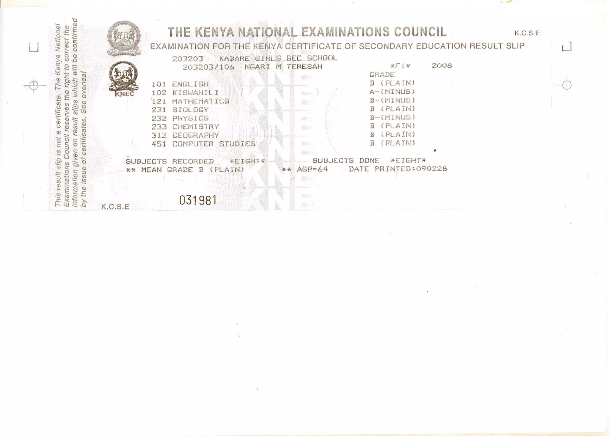 KCSE RESULT SLIP | PDF