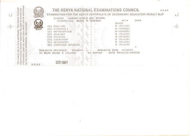 KCSE RESULT SLIP | PDF