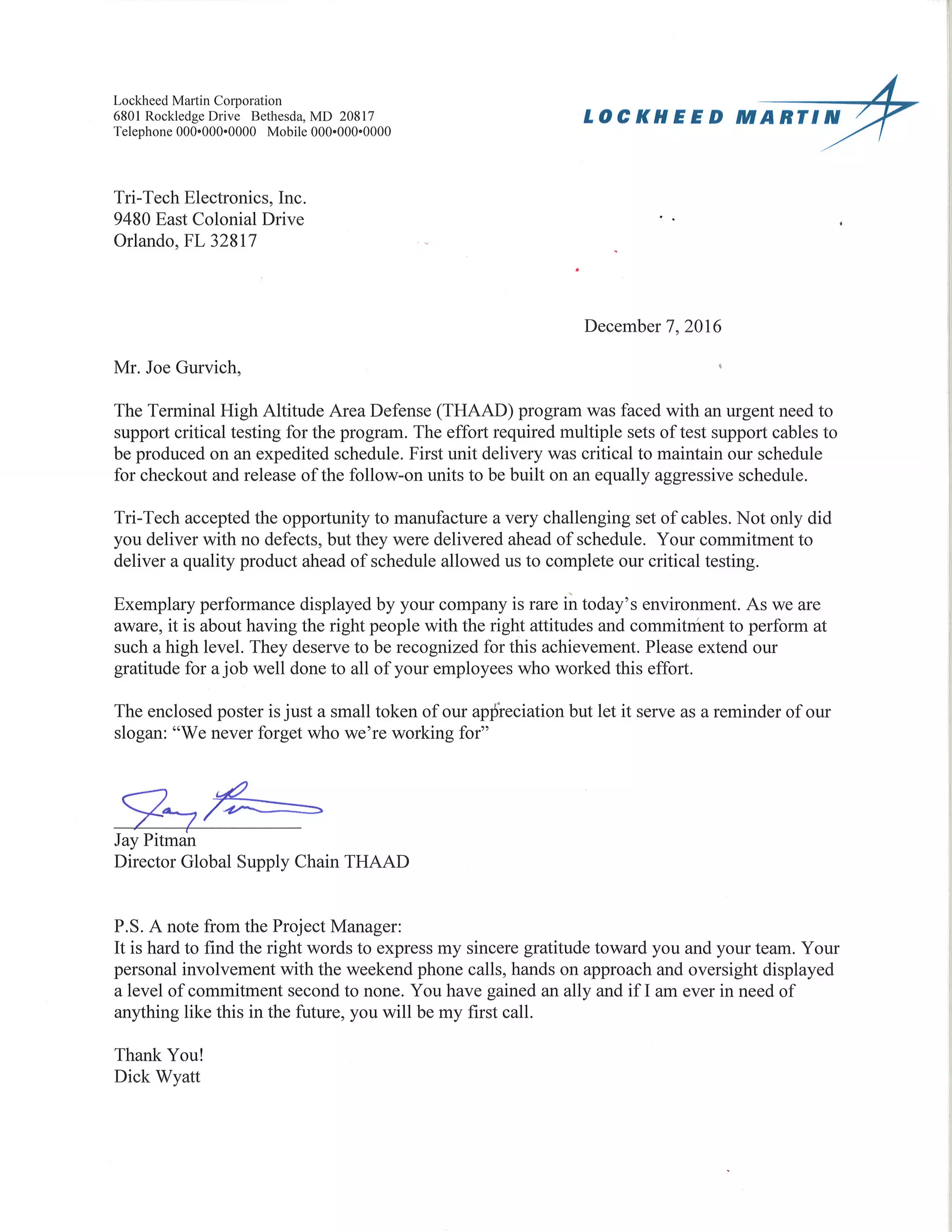 Lockheed Martin THAAD Program Letter of Appreciation 120716 | PDF