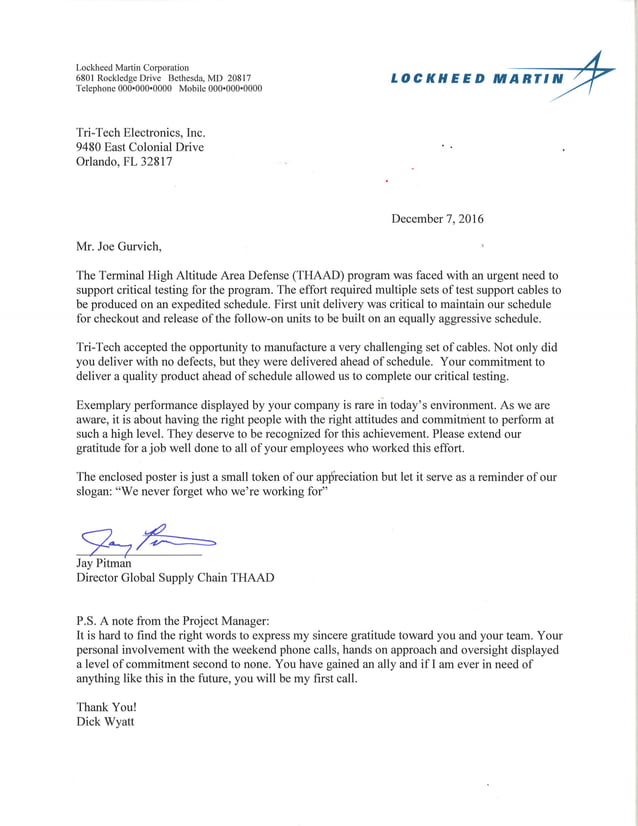 Lockheed Martin THAAD Program Letter of Appreciation 120716 | PDF