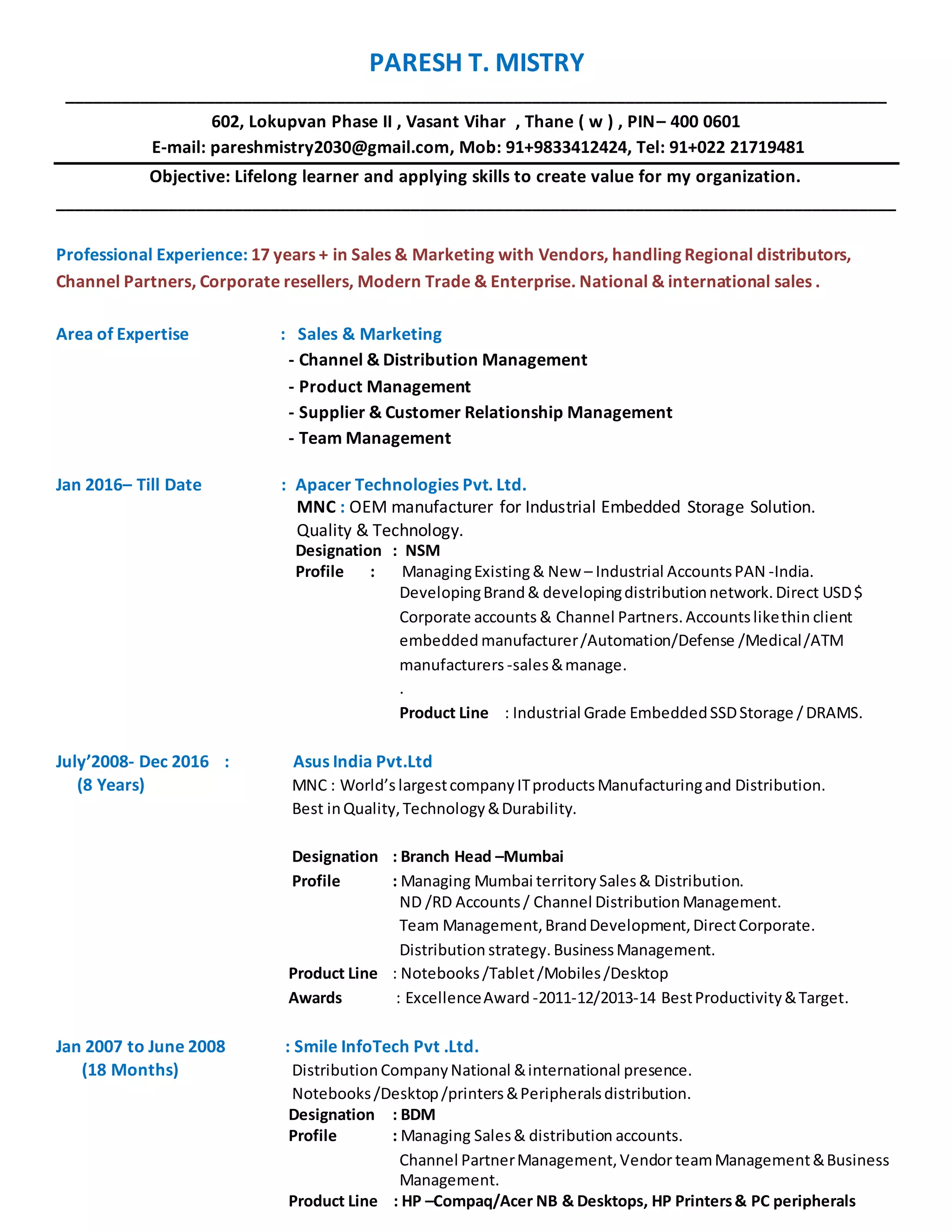 Professional Experience(Paresh Mistry) | PDF