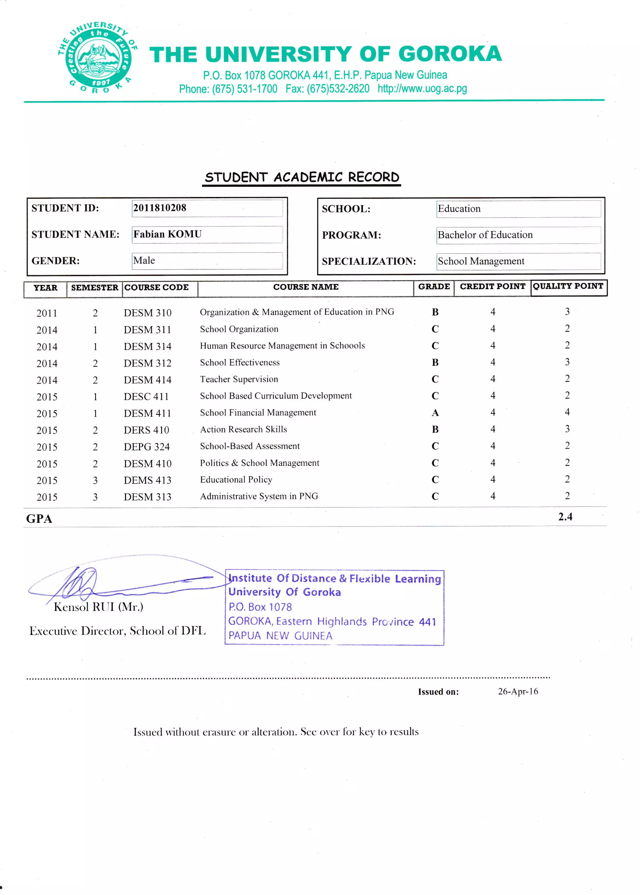 UOG Transcript | PDF