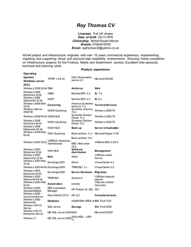 Ray Thomas CV | DOCX | Operating Systems | Computer Software and ...