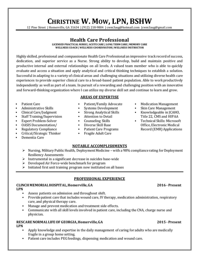 Christine W. Mow Resume LPN, BSHW Aug 2016 | PDF