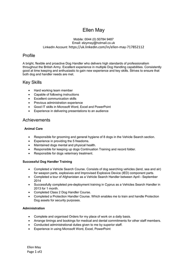 Ellen May Dog Handler CV for LinkedIn | PDF