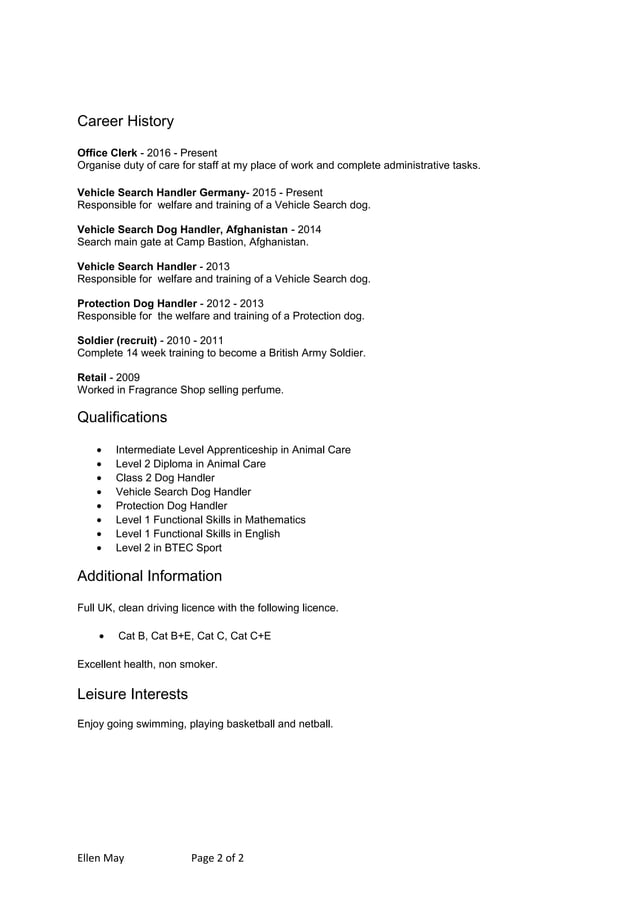 Ellen May Dog Handler CV for LinkedIn | PDF