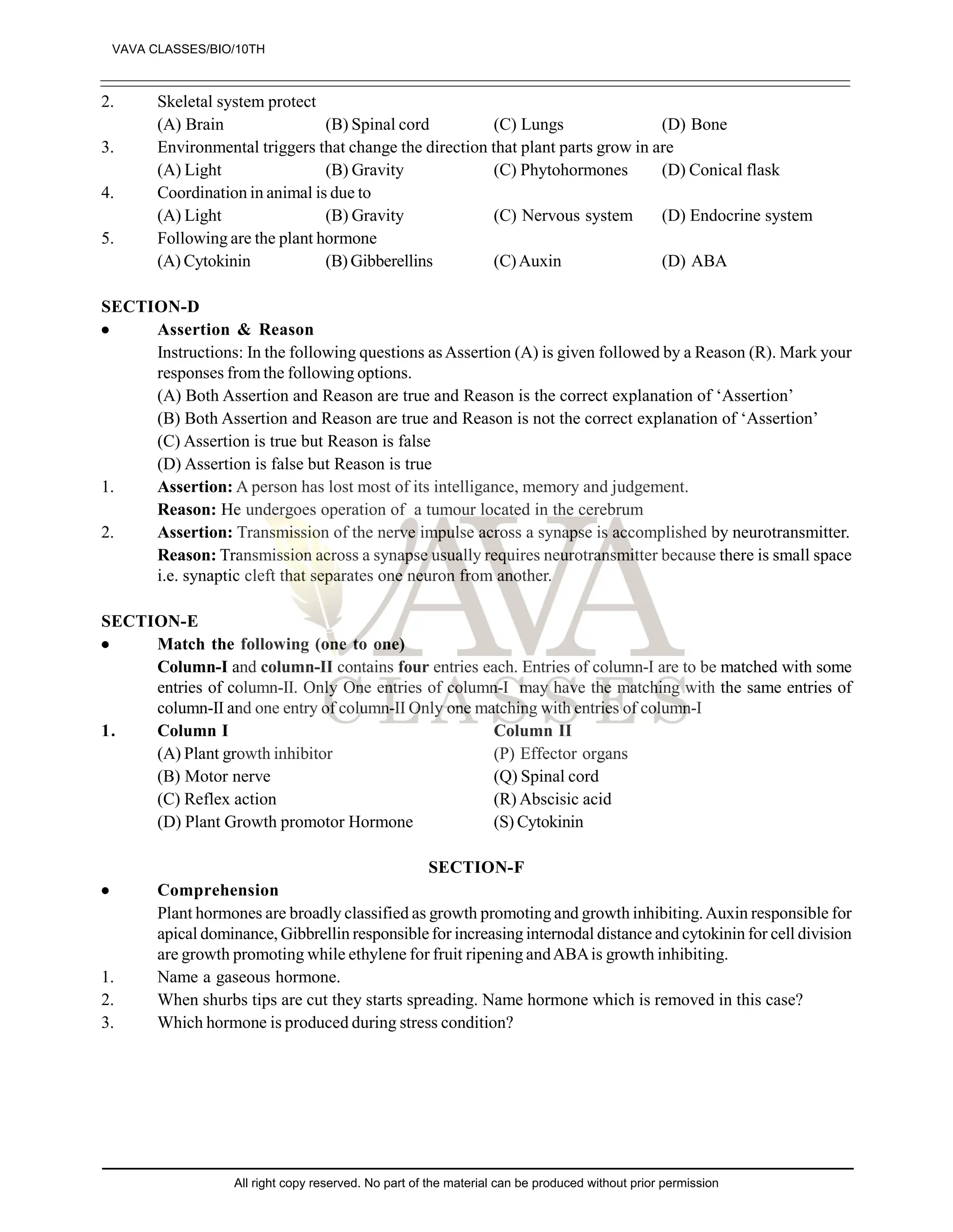 control and coordination class 10 NCERT pdf notes | PDF