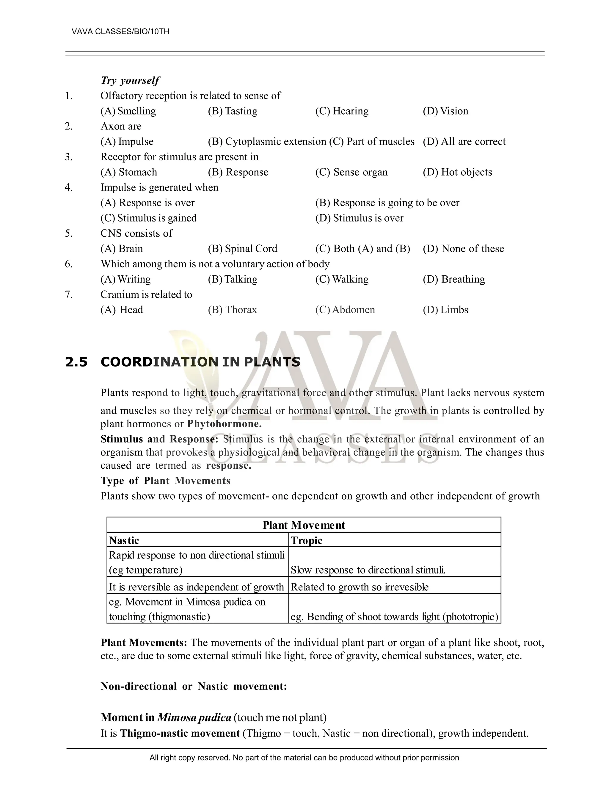 control and coordination class 10 NCERT pdf notes | PDF