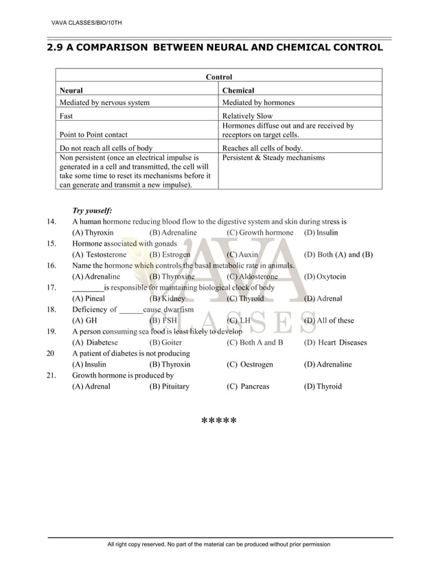 control and coordination class 10 NCERT pdf notes | PDF | Brain and ...
