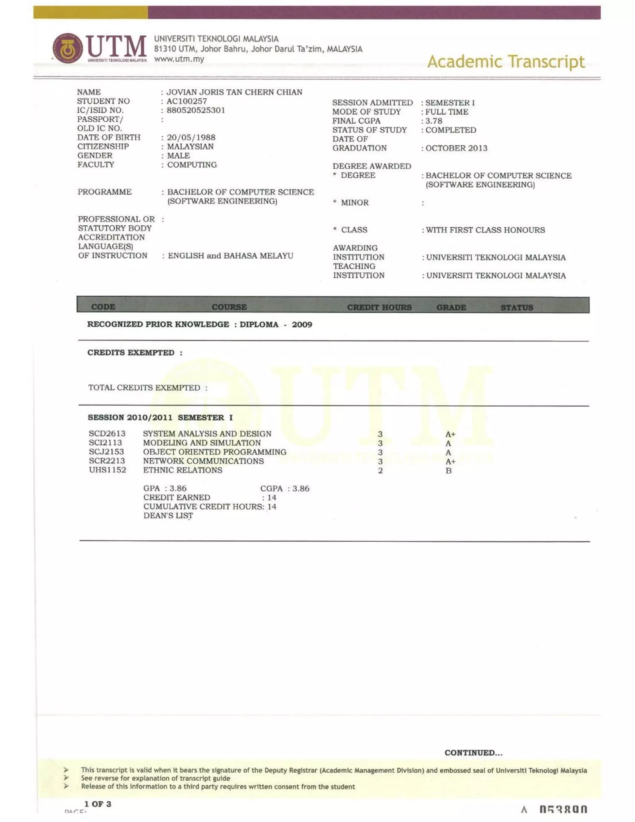 UTM Certificate & Academic Transcript | PDF
