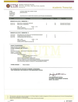 UTM Certificate & Academic Transcript | PDF