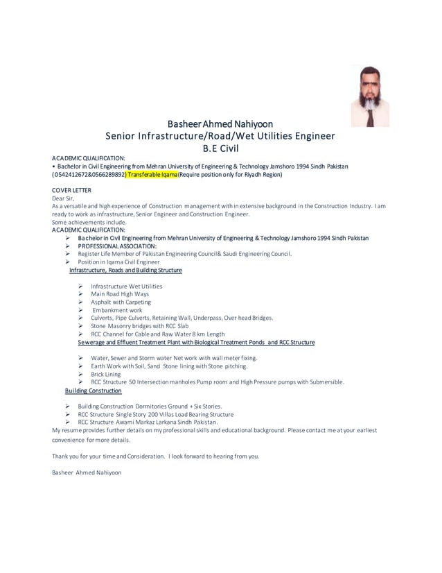 Basheer Ahmed Senior Infrastructure | DOCX | Construction Industry | Industries