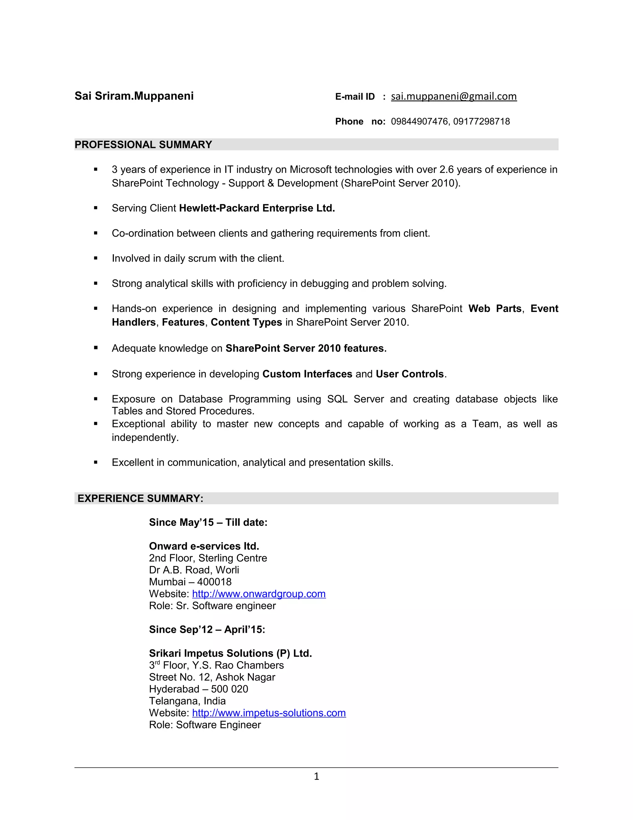 Sai Sriram Muppaneni's Resume - SharePoint Developer with 3+ Years of ...