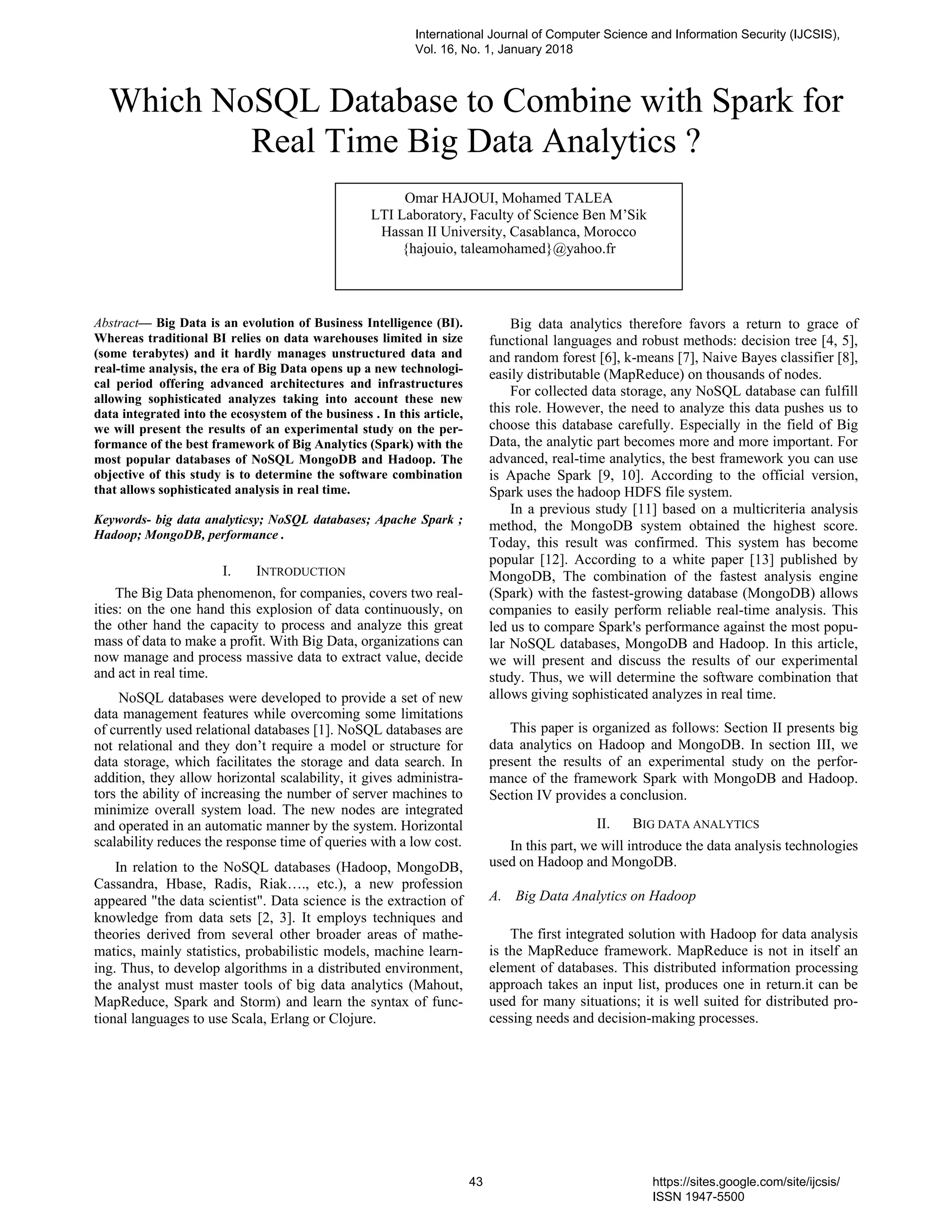 Which NoSQL Database to Combine with Spark for Real Time Big Data Analytics? | PDF