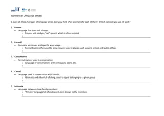 worksheet on speech styles | PPT