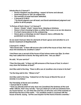 07-01-18, 2 Samuel 9;1-13, David and Mephibosheth, A Picture of God's ...