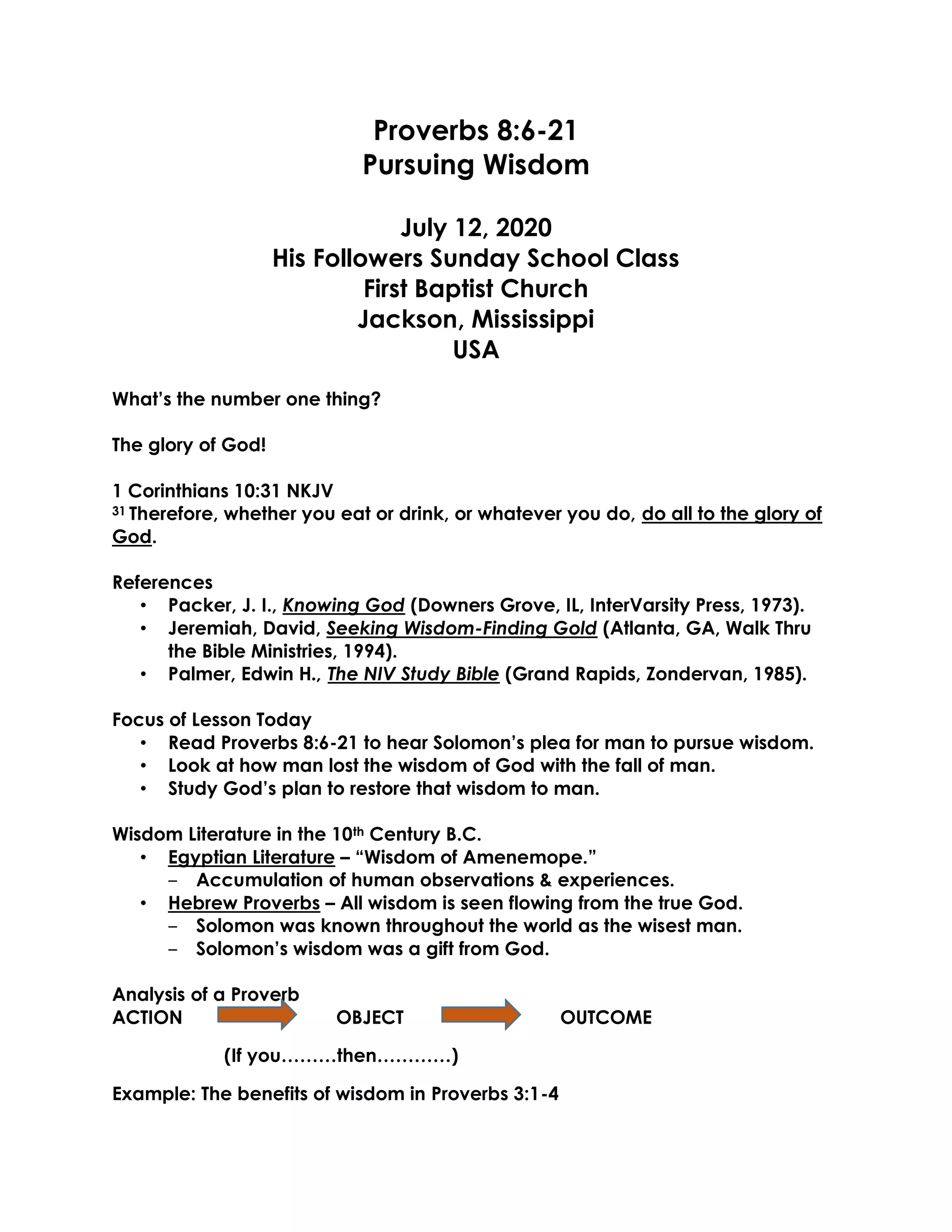 07-12-20, Proverbs 8;6-21, Pursuing Wisdom | PDF