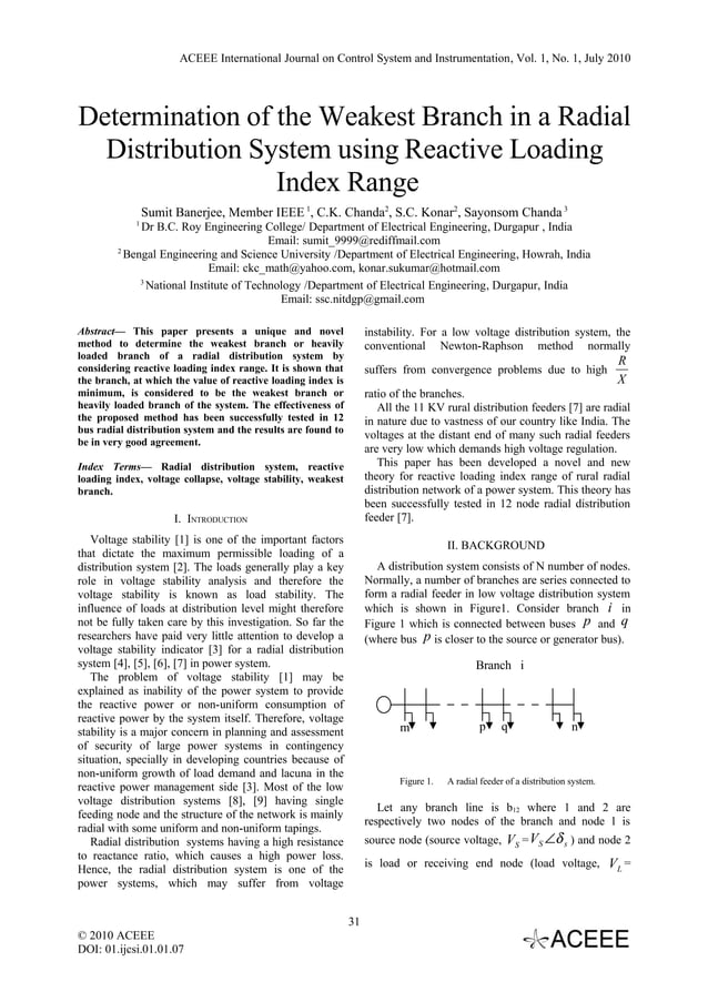 Determination of the Weakest Branch in a Radial Distribution System using Reactive Loading Index ...