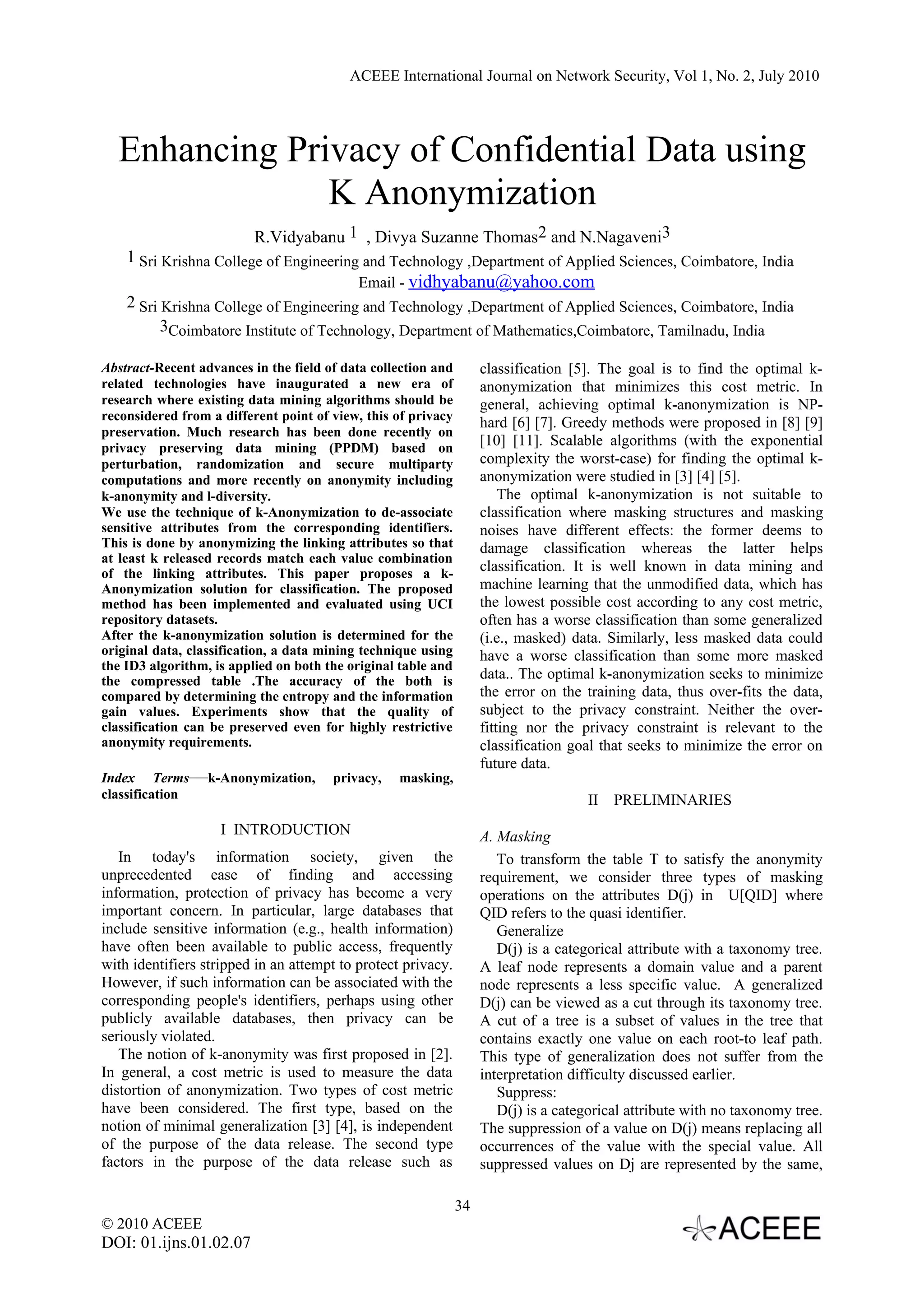 Enhancing Privacy of Confidential Data using K Anonymization | PDF