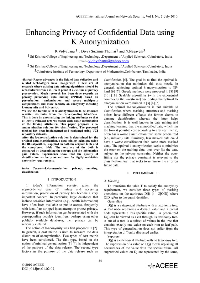 Enhancing Privacy of Confidential Data using K Anonymization | PDF