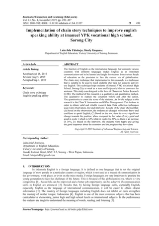 Implementation of chain story techniques to improve english speaking ...
